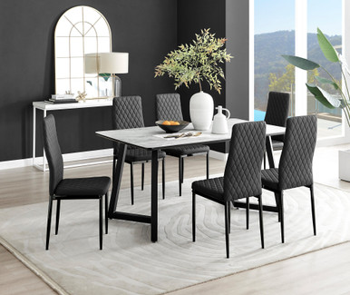 Carson 6 Seat White Marble Black Leg Table & 4 Milan Black Leg Chairs ...