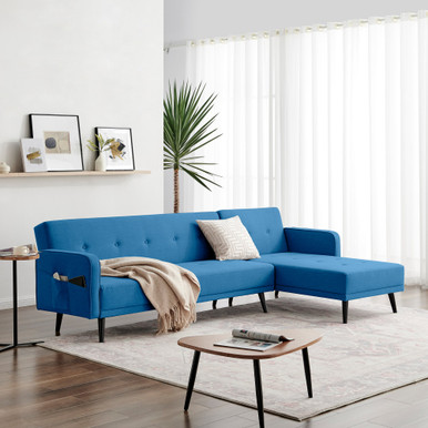 Oscar 3 Seat L Shaped Chaise Blue Fabric Sofa Bed