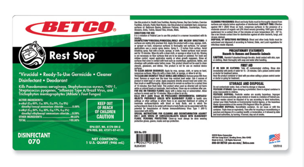 Betco 07012-00 Rest Stop Acid Free Restroom Disinfectant (12-32 oz Bottles)