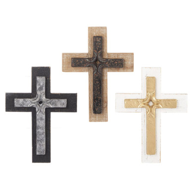 Layered Wood and Metal Cross Wall Decor