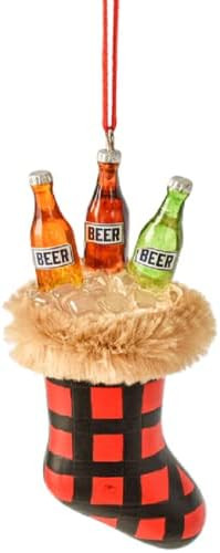 Plaid Christmas Stocking Filled with Beer Ornament - Chute 10 Mercantile