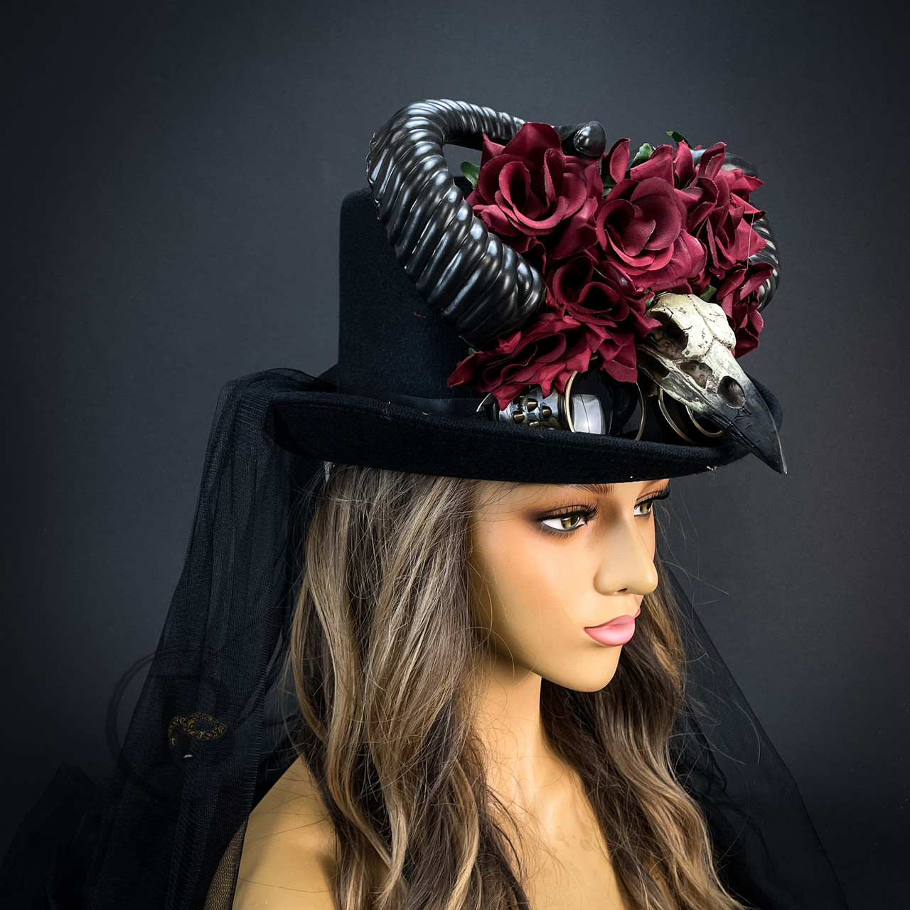 New Ram Skull Horns Steampunk Costume Hat Headpiece Top Hat