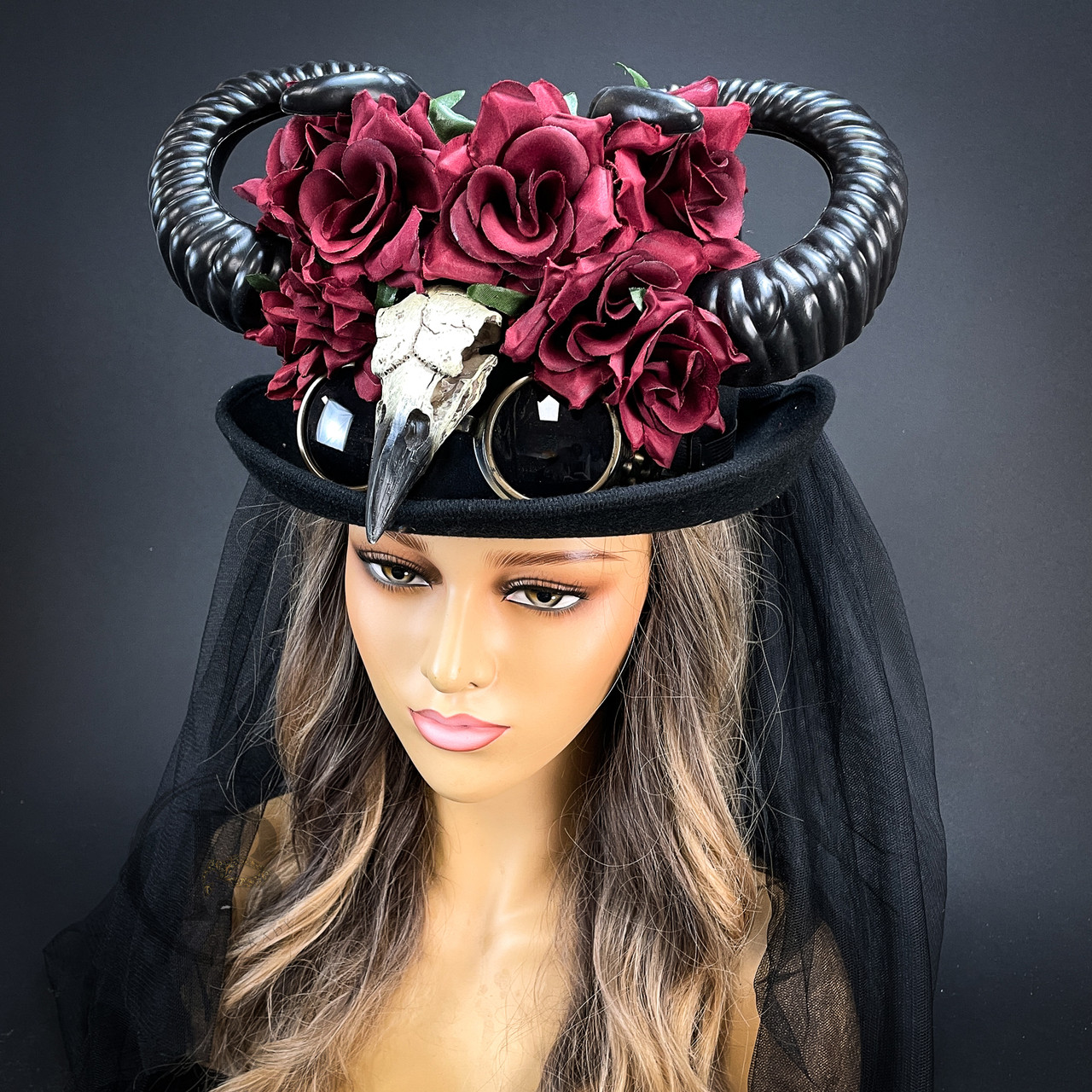 New Ram Skull Horns Steampunk Costume Hat Headpiece Top Hat