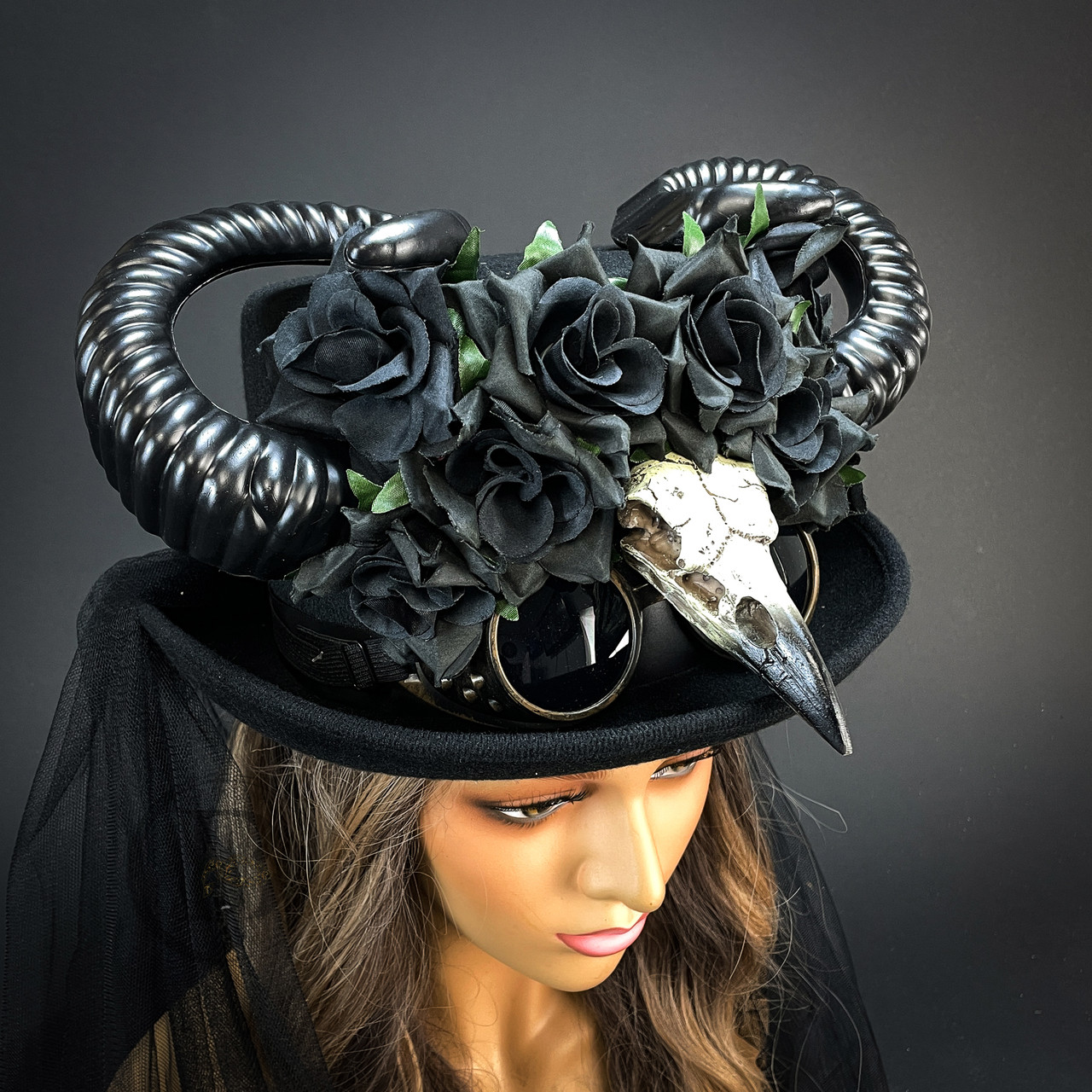 New Ram Skull Horns Steampunk Costume Hat Headpiece Top Hat