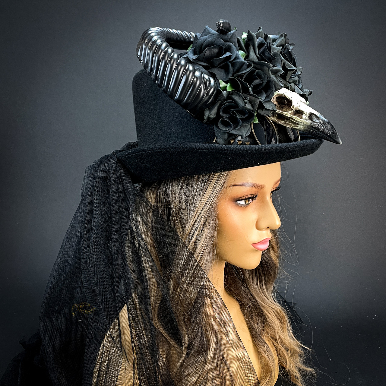 New Ram Skull Horns Steampunk Costume Hat Headpiece Top Hat