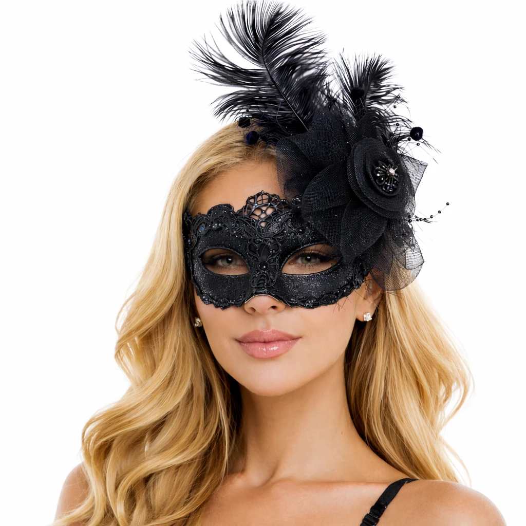 Elegrant Venetian Masquerade Mask with Feathers Lace Eye Mask for Mardi ...