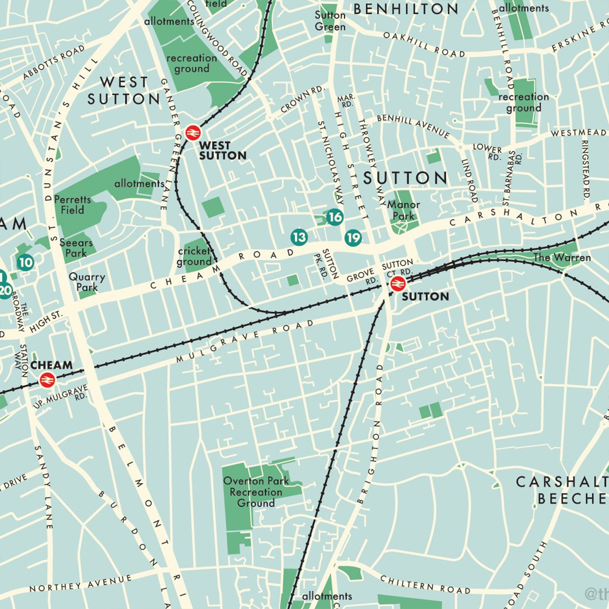 Sutton Retro Map Print by Mike Hall