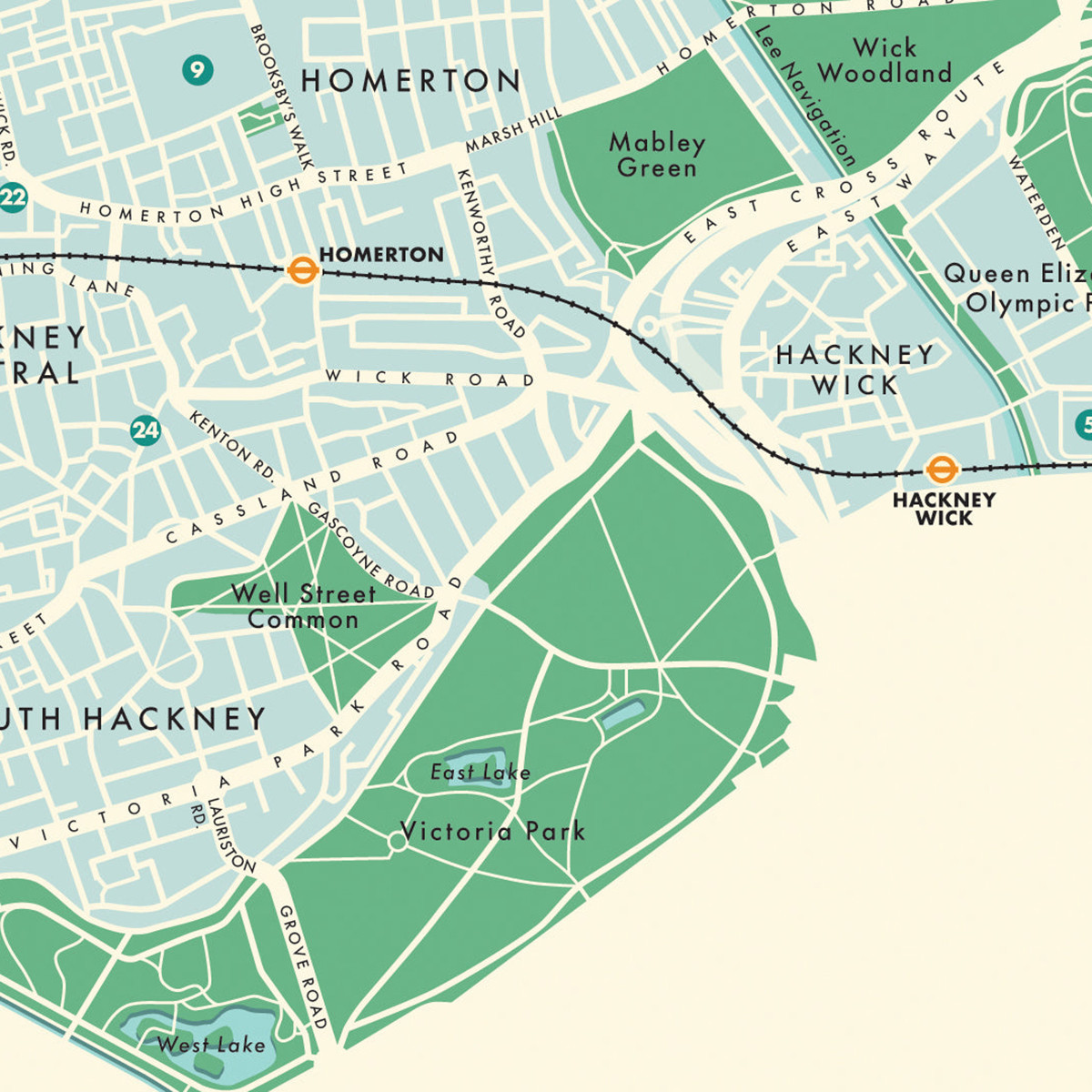 Hackney Retro Map Art Print by Mike Hall at Of Cabbages and Kings