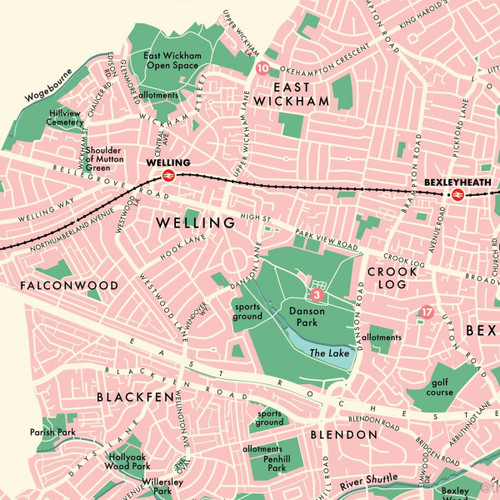 Bexley Map (London Boough) Art Print by Mike Hall at Of Cabbages and Kings