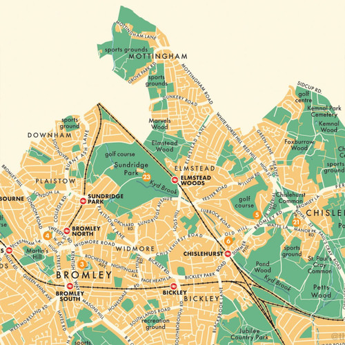Bromley Retro Map Print by Mike Hall at Of Cabbages and Kings