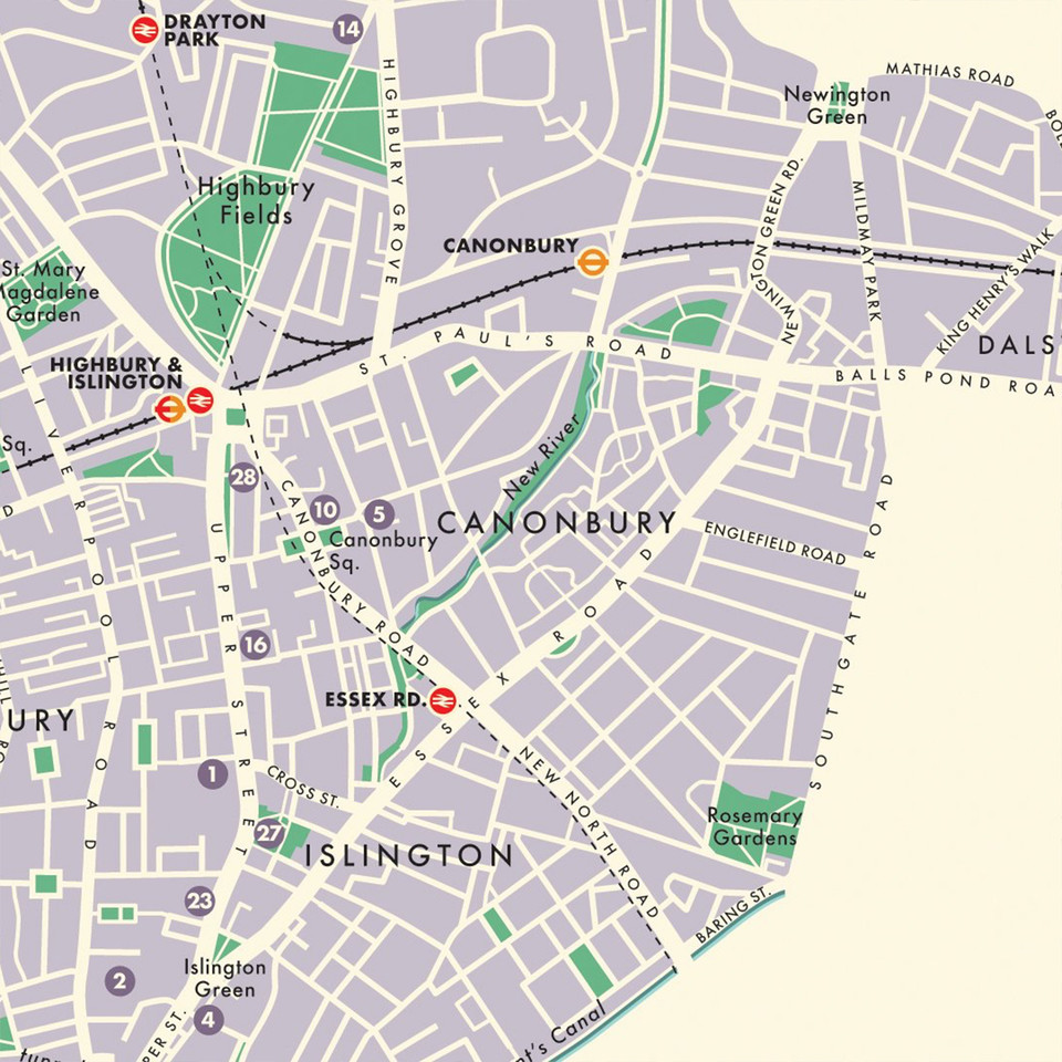 Islington Retro Map Art Print by Mike Hall at Of Cabbages and Kings