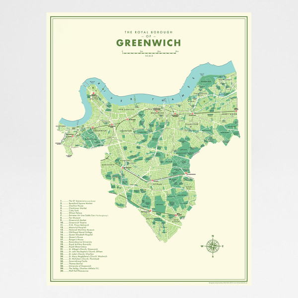 Greenwich Map (London Borough) Art Print by Mike Hall at Of Cabbages ...