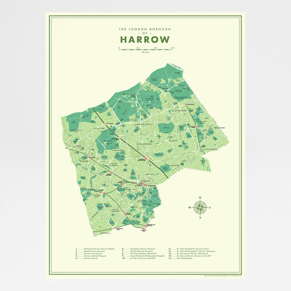 Harrow Retro Map (London Borough) Art Print by Mike Hall at Of Cabbages ...