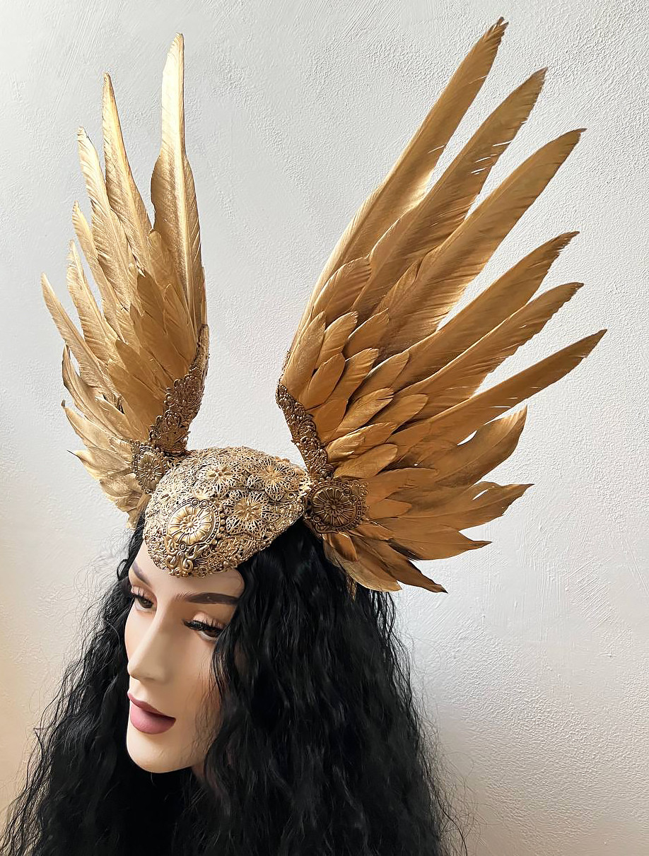 Freya Wings Headdress with Golden Feathers Valkyrie TO ORDER