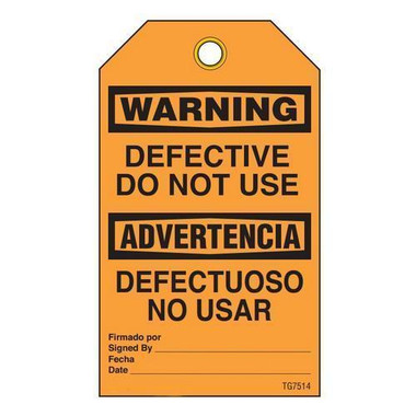 Warning "Defective Do Not Use" Bilingual E/S Tag - 25/pkg - Safety ...