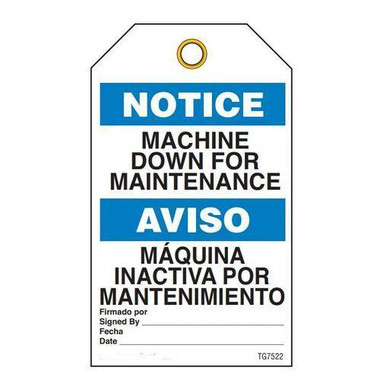 Notice "Machine Down For Mainte.." Bilingual E/S Tag - 25/pkg - Safety ...