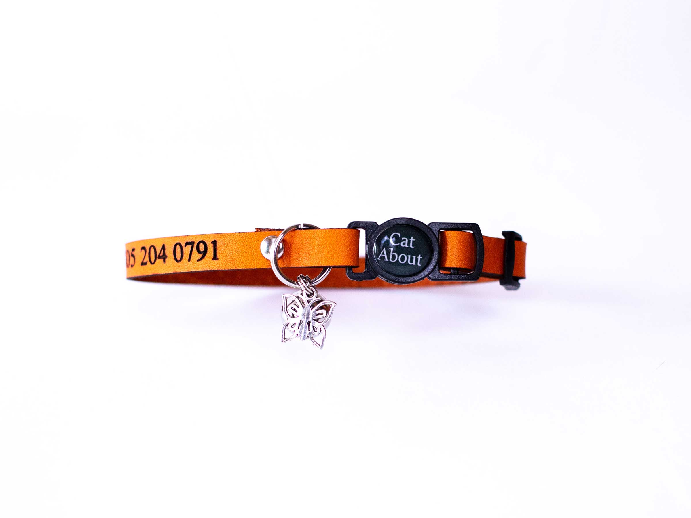 Personalized Cat ID Collar with Bell and Butterfly Charm - Handmade