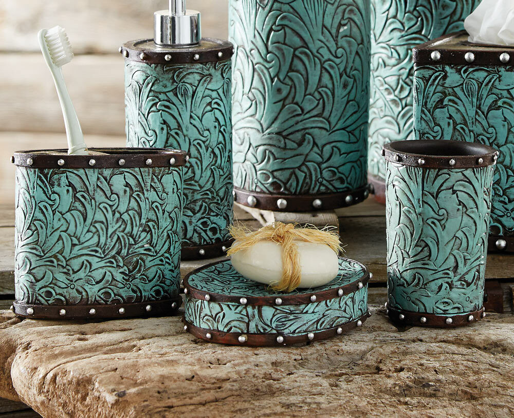Tooled Turquoise Flowers Bath Set (3 pcs) | Lone Star Western Decor