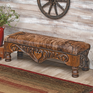 Western Scroll Carved Cowhide Bench | Lone Star Western Decor
