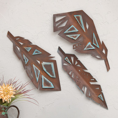 Mesa Turquoise Metal Feathers - Set of 3 | Lone Star Western Decor
