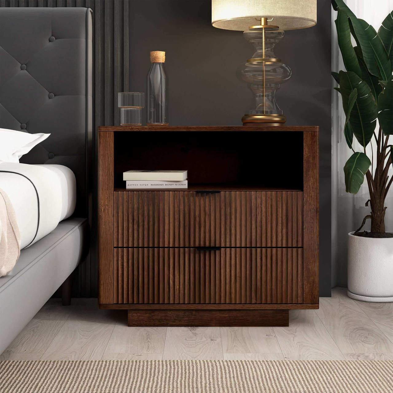 Lola Mid Century Modern Walnut Nightstand 2 Drawer Bed Side Table 31