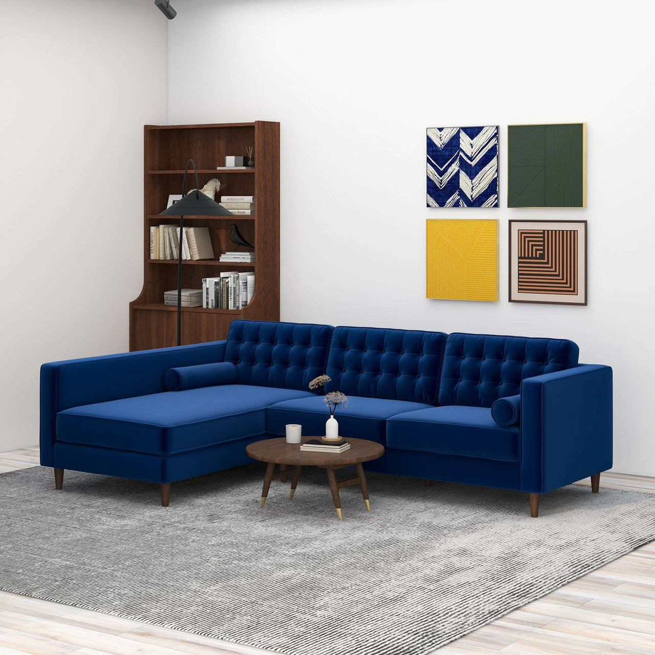 ASHCROFT Furniture Christian Blue Velvet Sectional Sofa Left Facing