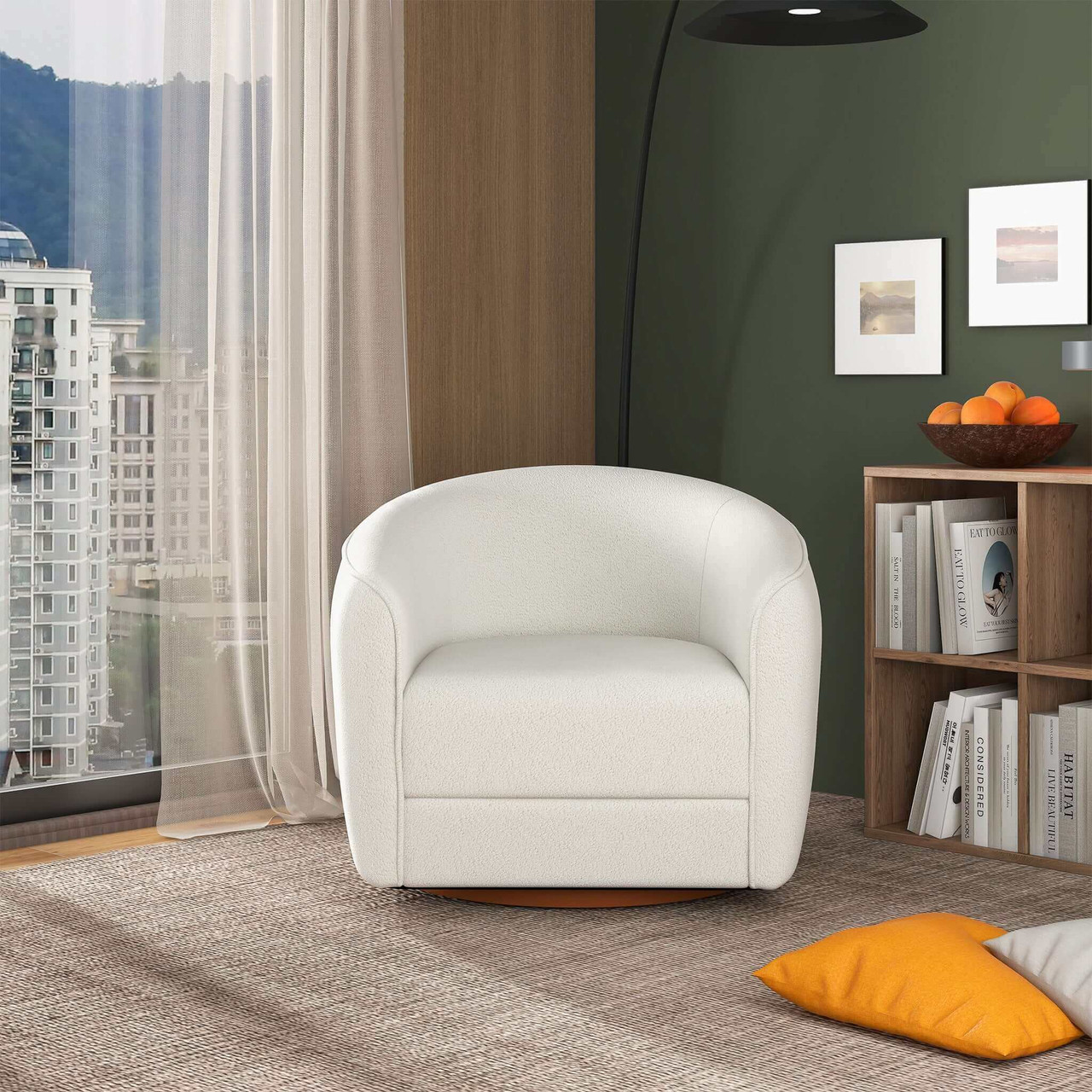 ASHCROFT Furniture Elise Mid Century Modern Beige Boucle Swivel Chair