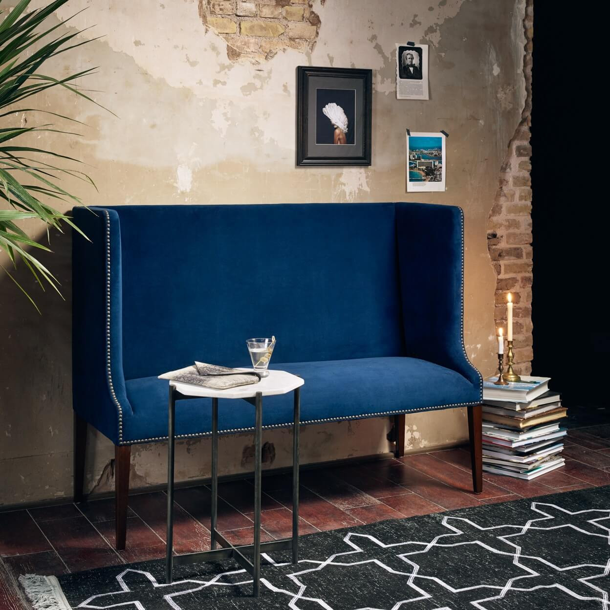 Chaucer Navy Blue High Back Wing Settee Bench 58" | Zin Home