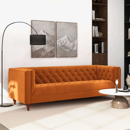 Evelyn Mid Century Modern Burnt Orange Velvet Luxury Chesterfield Sofa 88