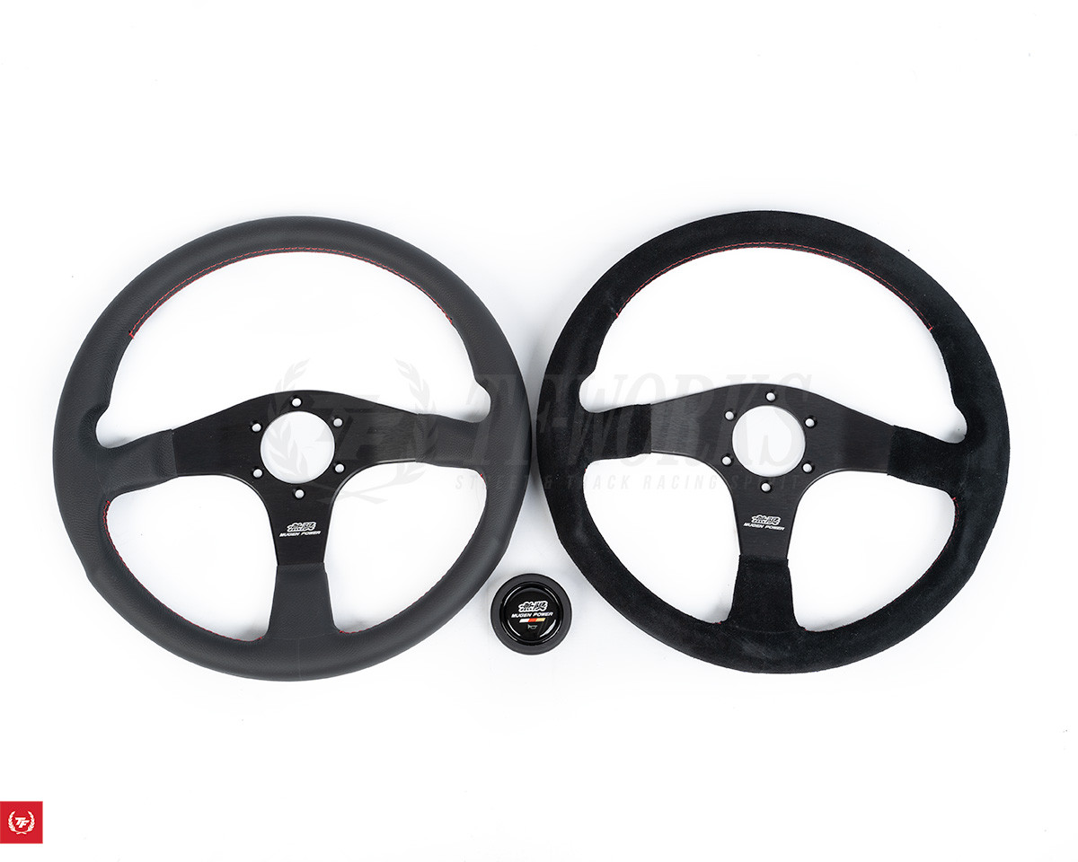 Mugen Power Steering Wheel 3 Black Leather with Red Stitch - Touge Factory