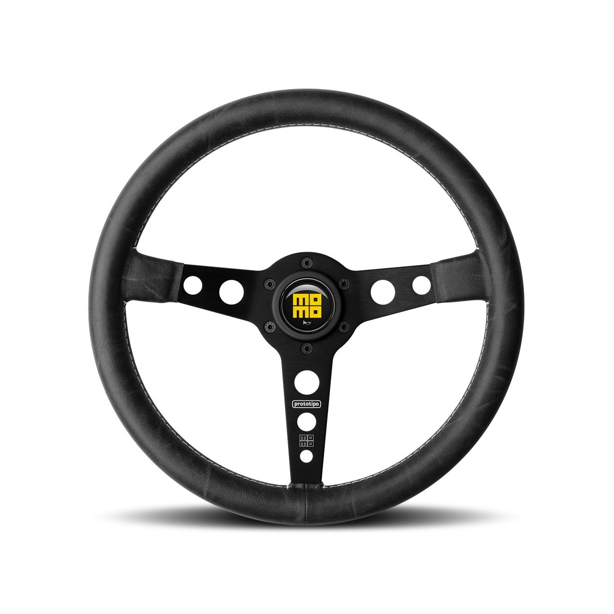 Momo - Prototipo Heritage 350mm Round Black Distressed Leather Grip ...