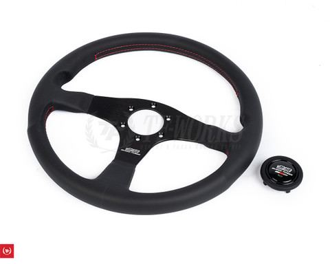 Mugen Power Steering Wheel 3 Black Leather with Red Stitch - Touge Factory