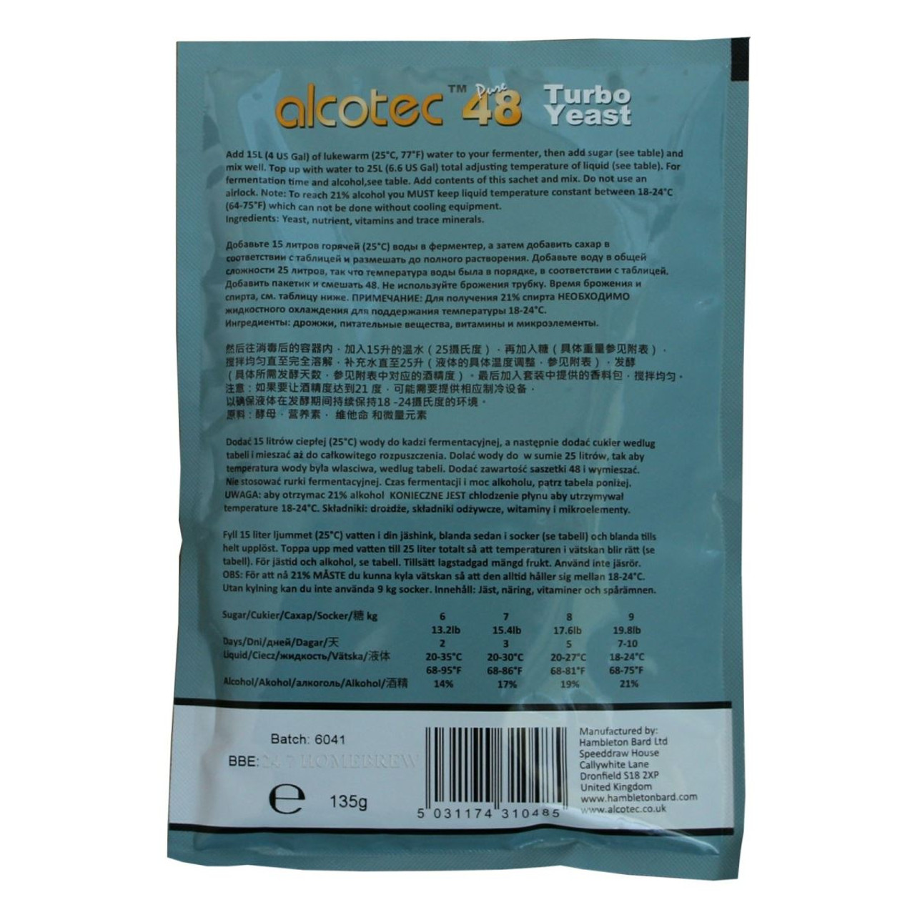 Alcotec 48 Pure Turbo Super Yeast Packets High Alcohol 20% Homebrew Vodka