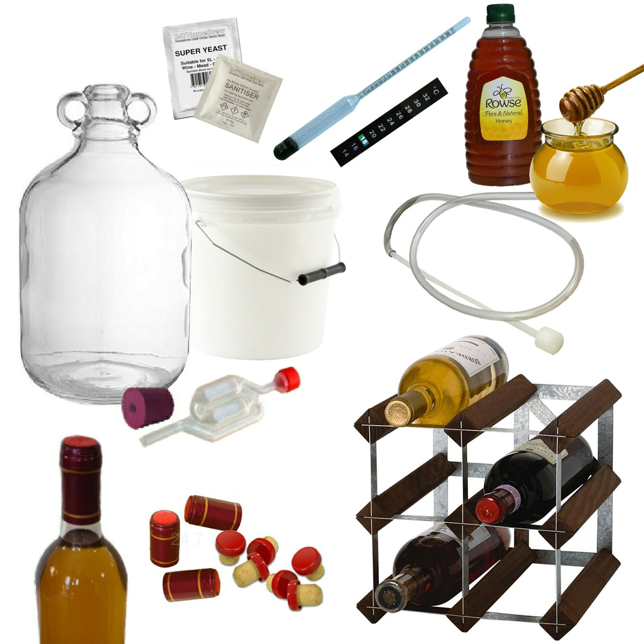 Traditional Mead Honey Wine Making Kit with Wine Rack Full Starter 6 Bottles 4.5L Homebrew Set