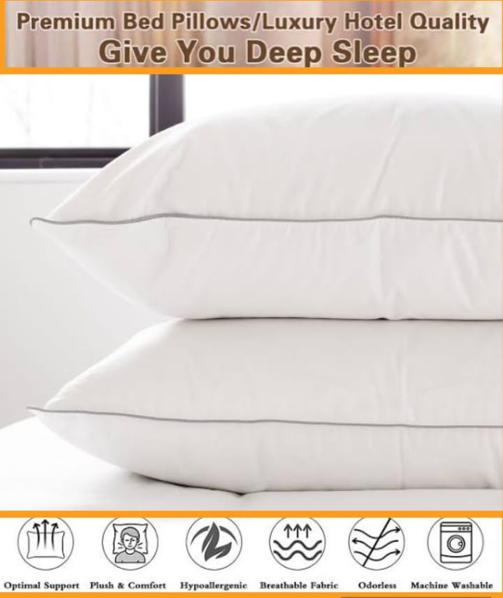 (1 Pack) Soft, Smooth and Noiseless Feel Piping Design Bed Pillows Give ...