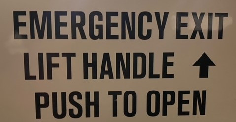 E158, 3.25" x 7" Black on White Emergency Exit Lift Handle Decal with Arrow