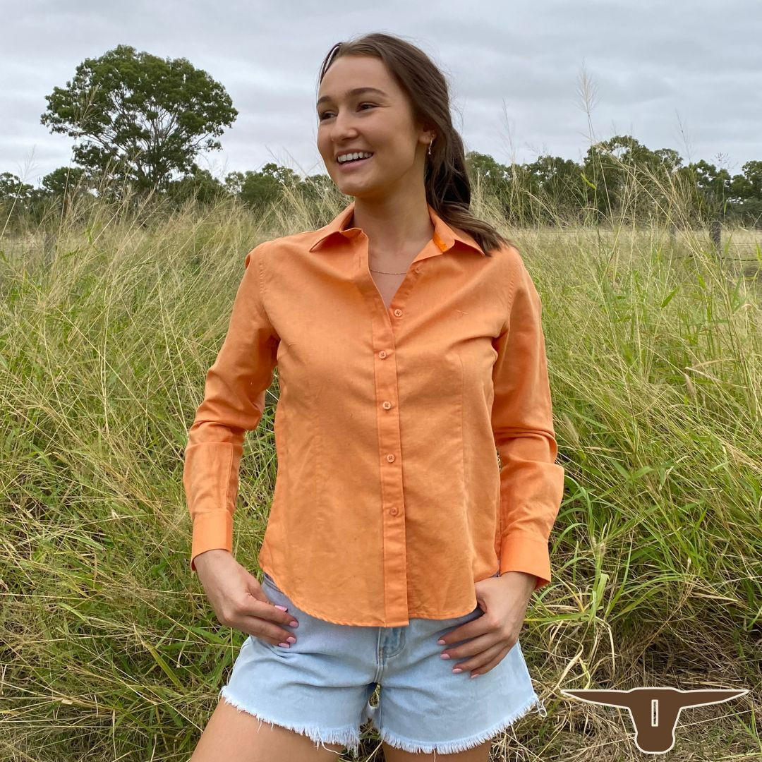 Born Out Here BLFS001 Ladies Long Sleeve Open Front Shirts in Orange