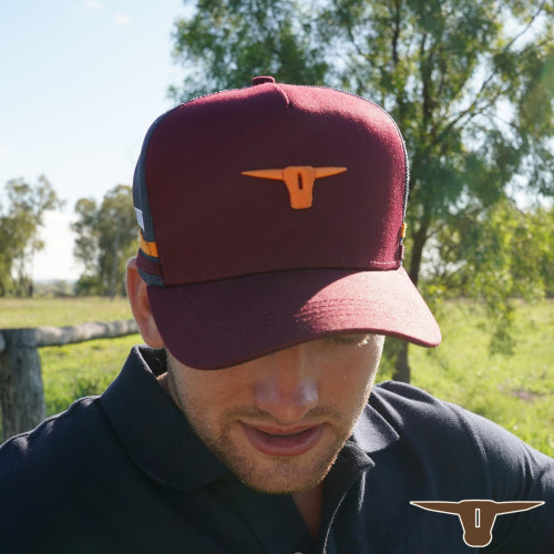 Born Out Here Trucker Cap in Maroon/Navy/Gold