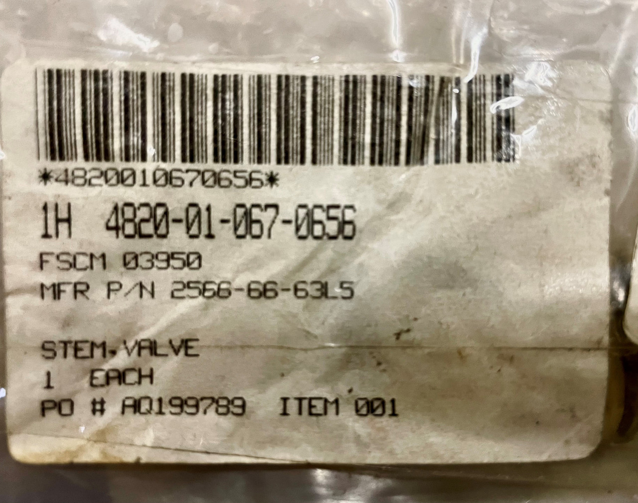 VELAN STEM,VALVE P/N 2566-66-63 NSN 4820010670656