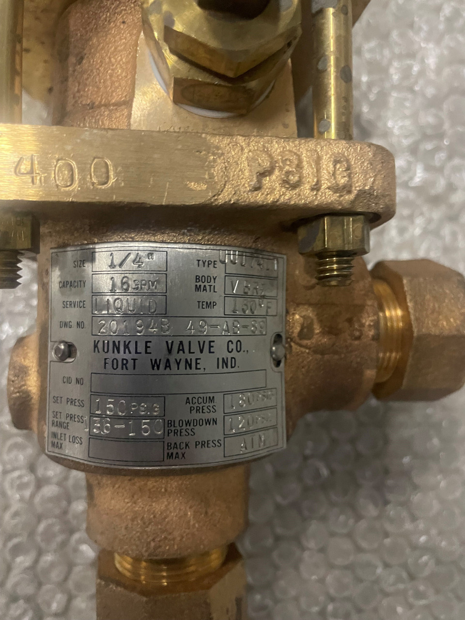 Kunkle Safety Relief Valve P/N TYPE UU1741T Size 1/4” CAPACITY 163PM ...