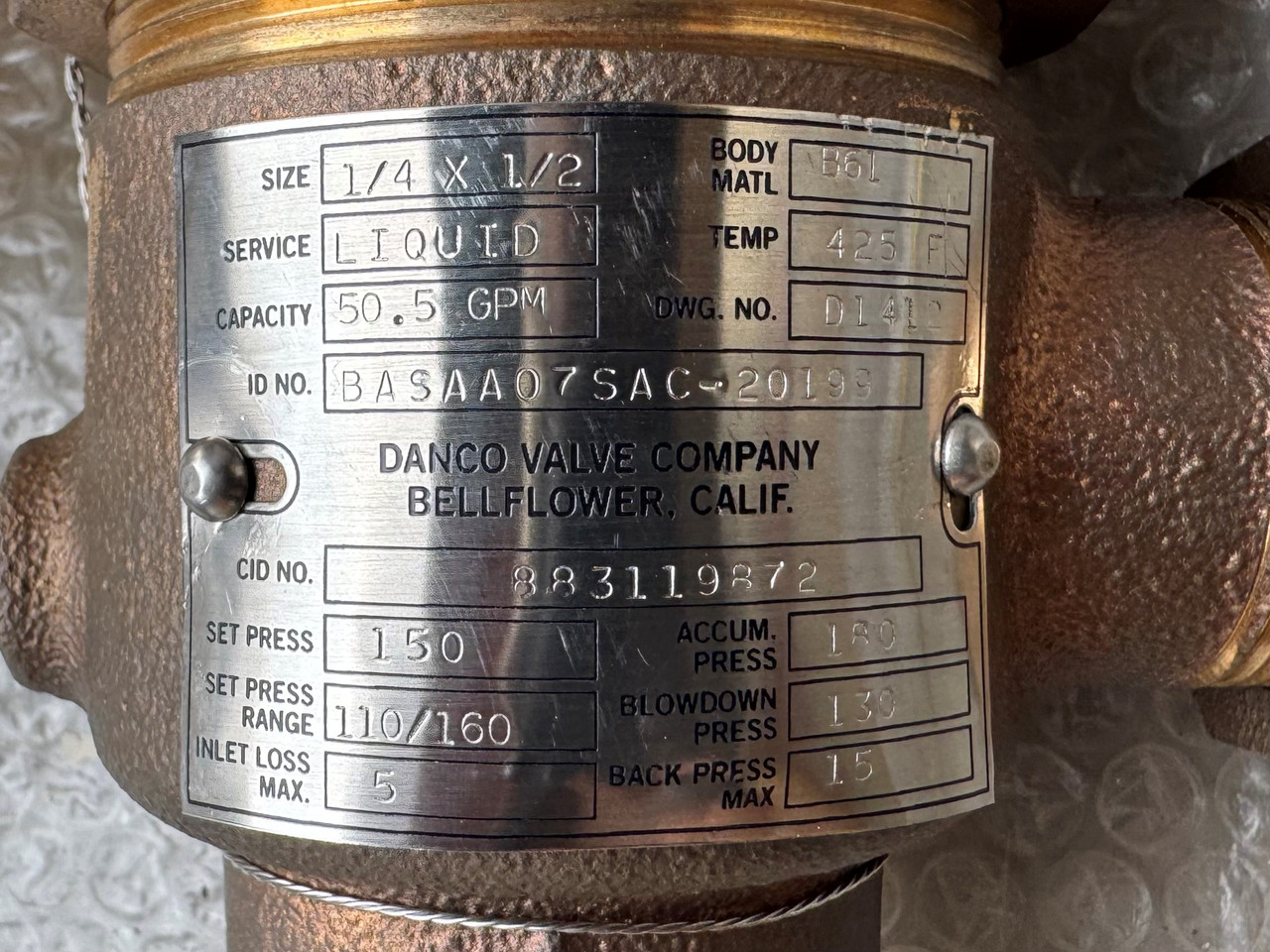 DANCO VALVE SAFETY RELIEF P/N BASAA07SAC