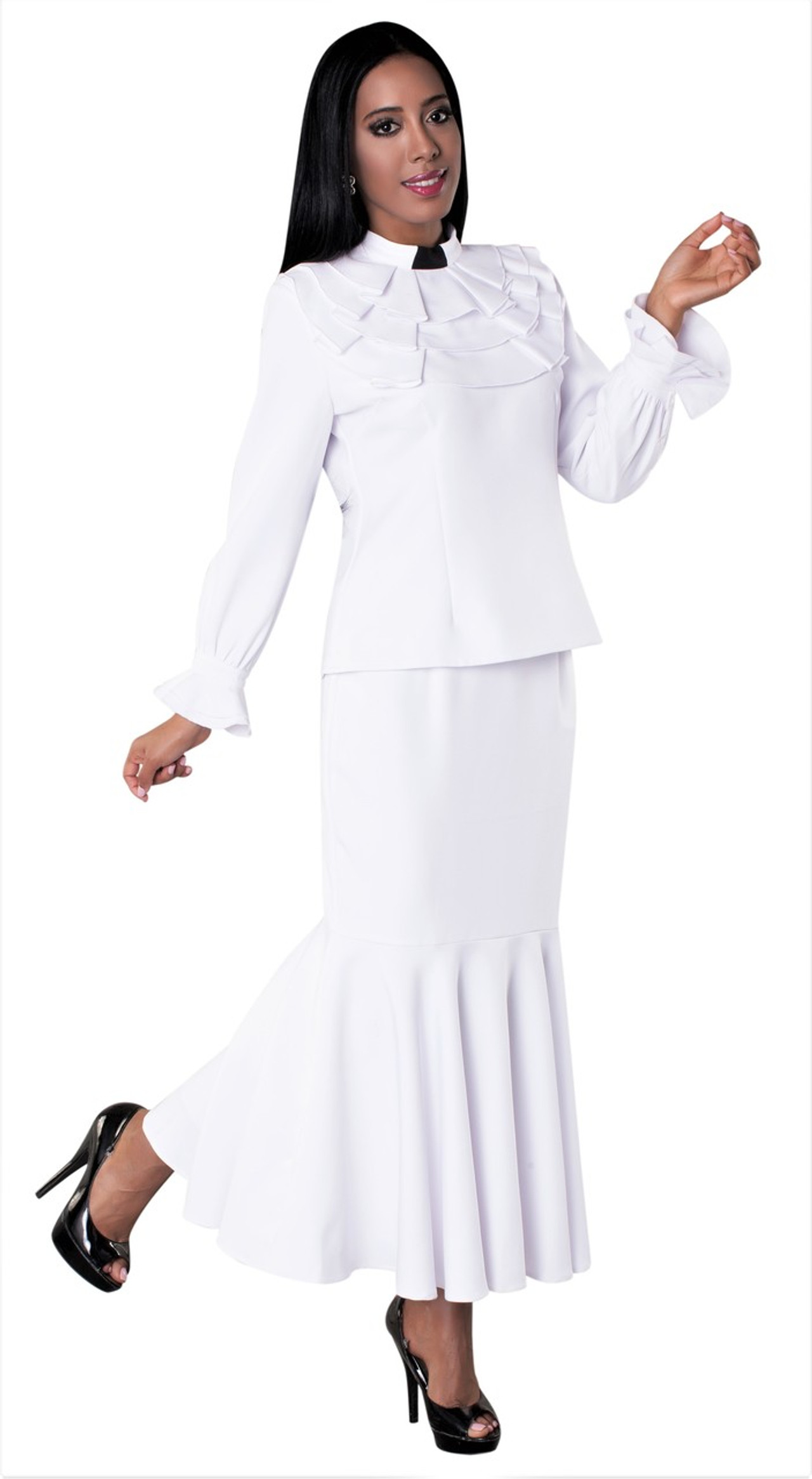 Ladies 2 Piece Preaching Skirt Set In White Ruffled Preaching Collar