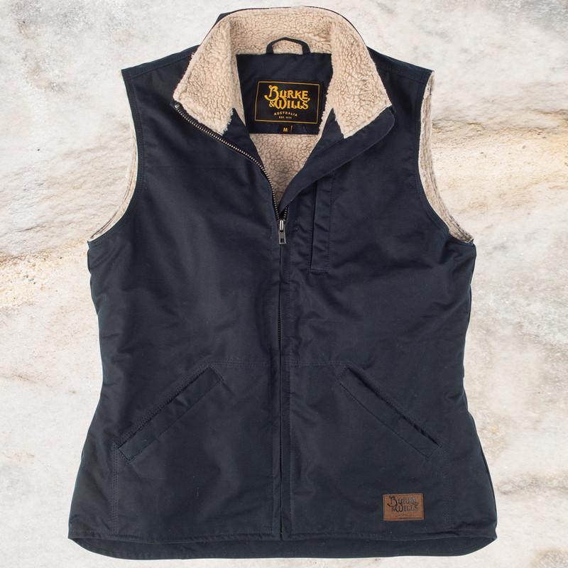 Burke & Wills Womens Ink Kings Oilskin Vest | Outdoors Warehouse