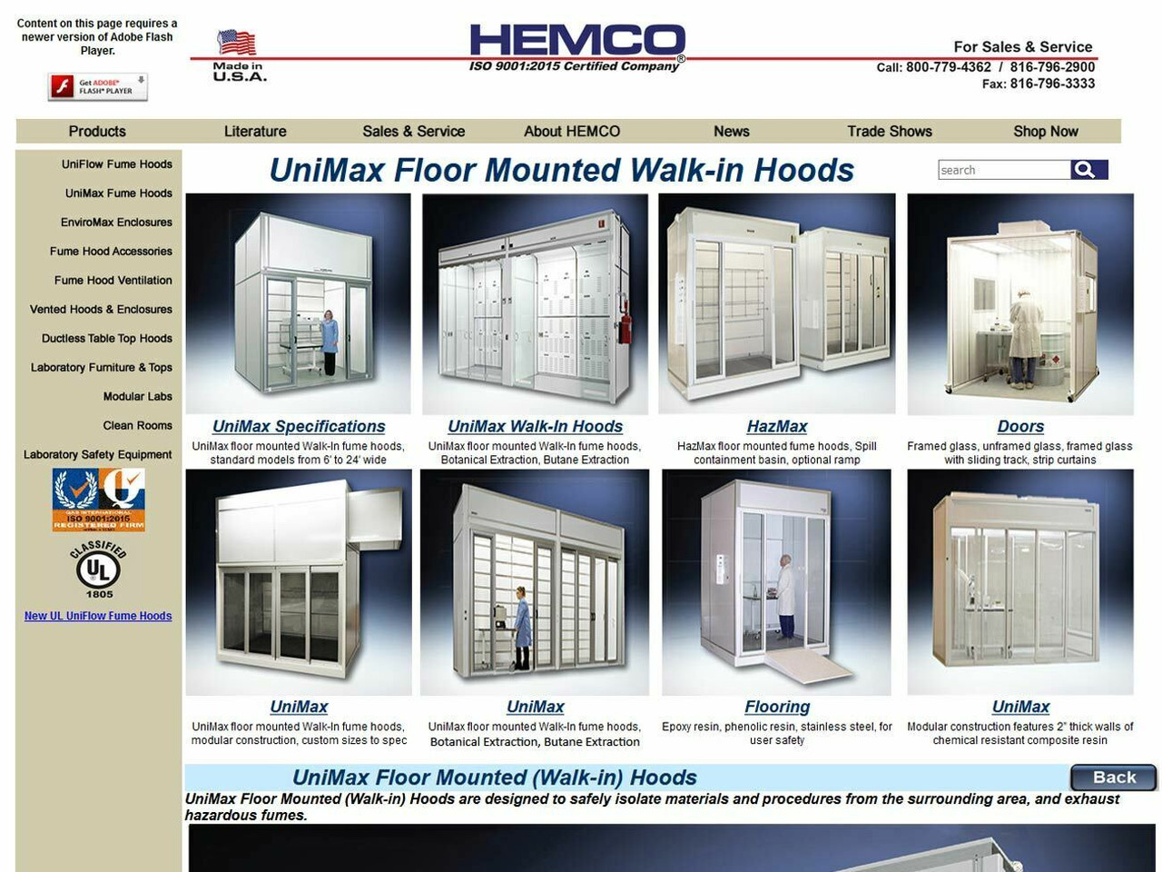 Hemco Unimax Floor Mounted Fume Hood C1D1 Fire Suppression