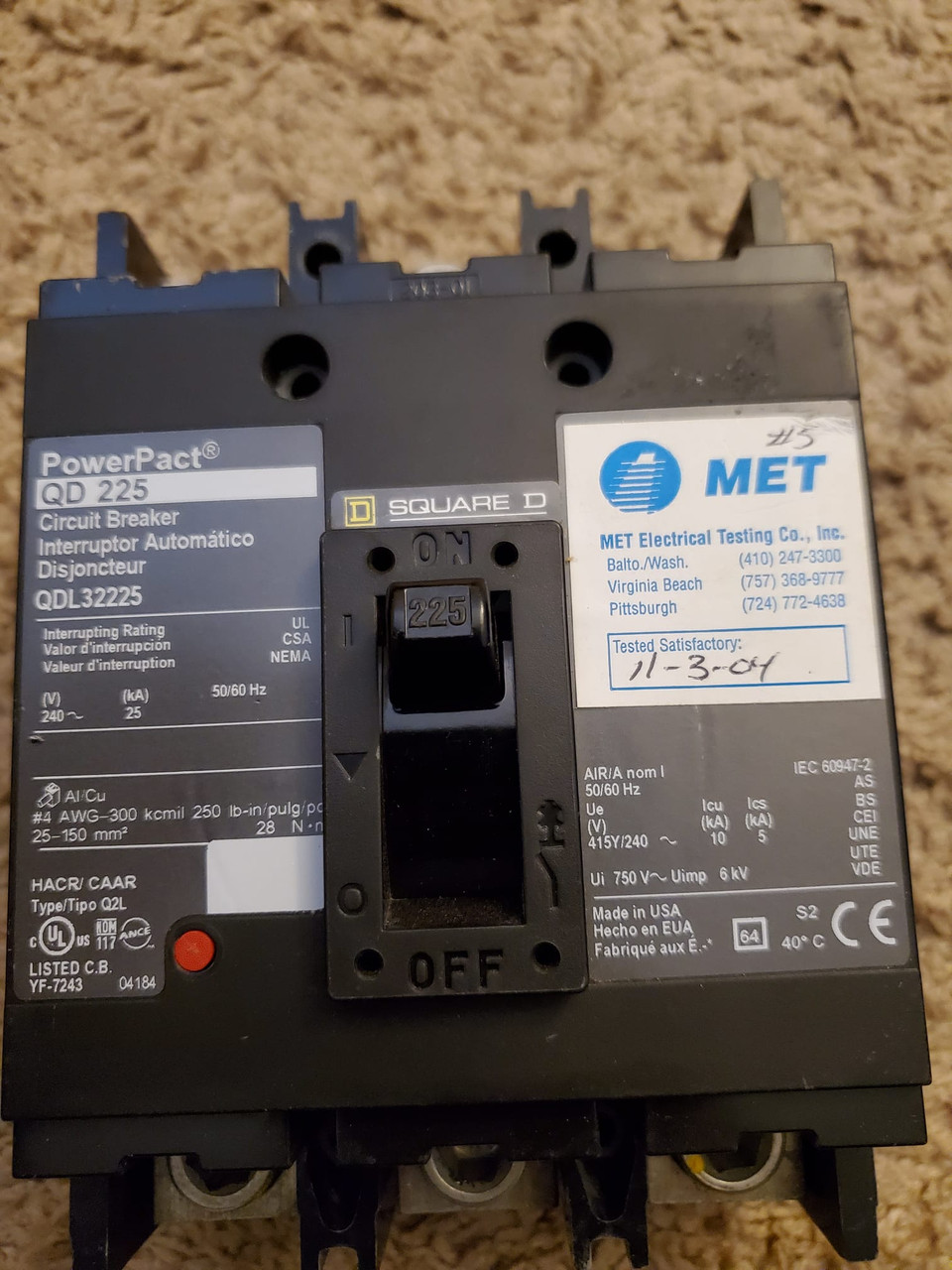 5029 MP Square"D"QDL32225 Circuit Breaker 225A 3P 240V Power Pact QD ...