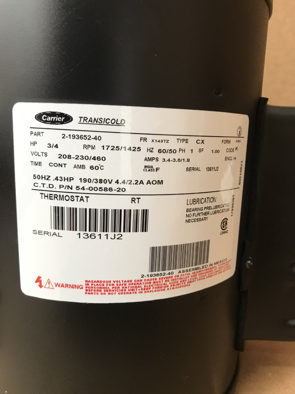 CARRIER TRANSICOLD 54-00586-20 CONDENSER FAN MOTOR 69NT40-489-100 ...