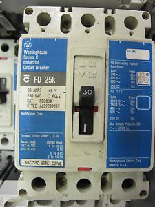 Westinghouse Fd3030 3 Pole 30 Amp 600 Volt Circuit Breaker - SPW Industrial