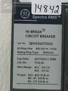 Ge Seha36At0060 Spectra Rms Hi-Break Circuit Breaker With Srpe60A50 ...