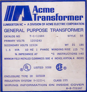 Two Acme Buck Boost Transformers, 1.5Kva, 120 X 240 Volts General ...