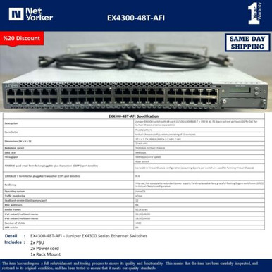 Juniper Ex4300-48T-Afi 48-Port 10/100/1000Base-T Switch 2X Jpsu-350-Ac ...